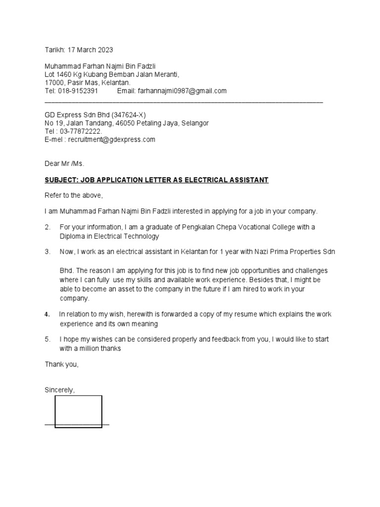Job Application for Electrical Assistant | PDF