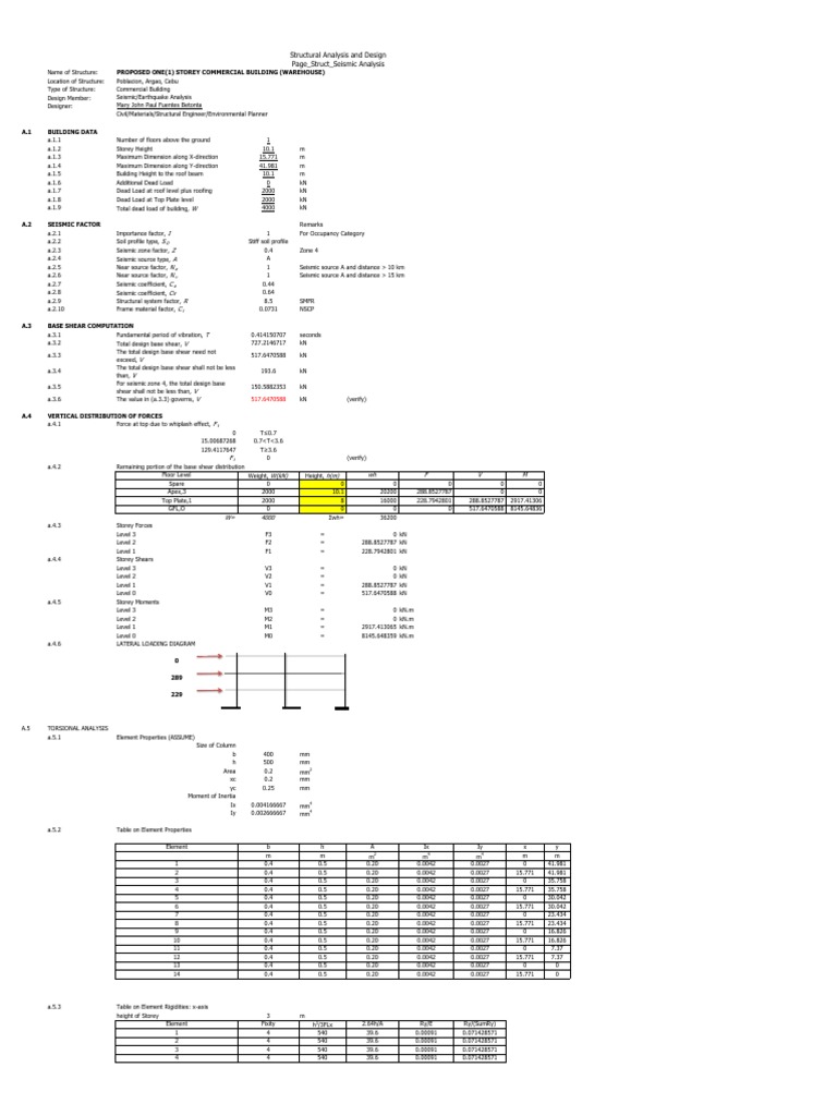 Structural Analysis and Design Page - Struct - Seismic Analysis: Proposed One (1) Storey ...