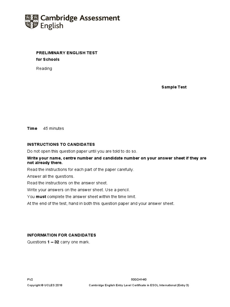 PV2 500/2414/0 Cambridge English Entry Level Certificate in ESOL ...