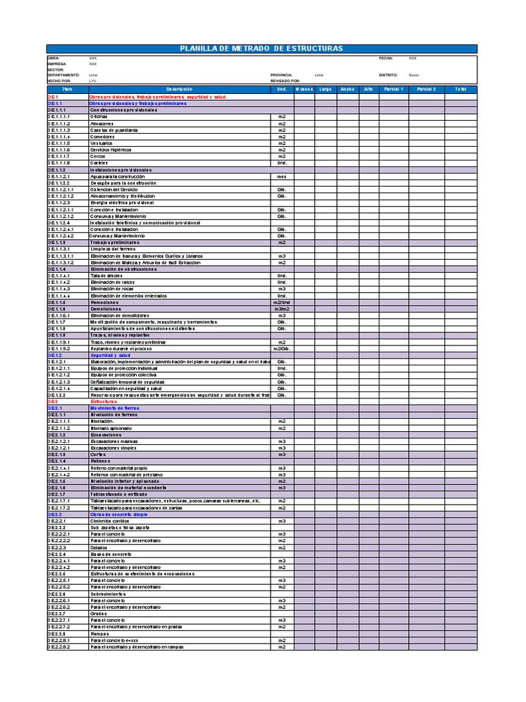 Planilla de Metrado de Estructuras: Ítem Descripción Und. # Veces Largo Ancho Alto Parcial 1 ...