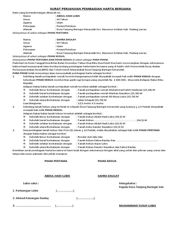 Surat Perjanjian Pembagian Harta Bersama | PDF