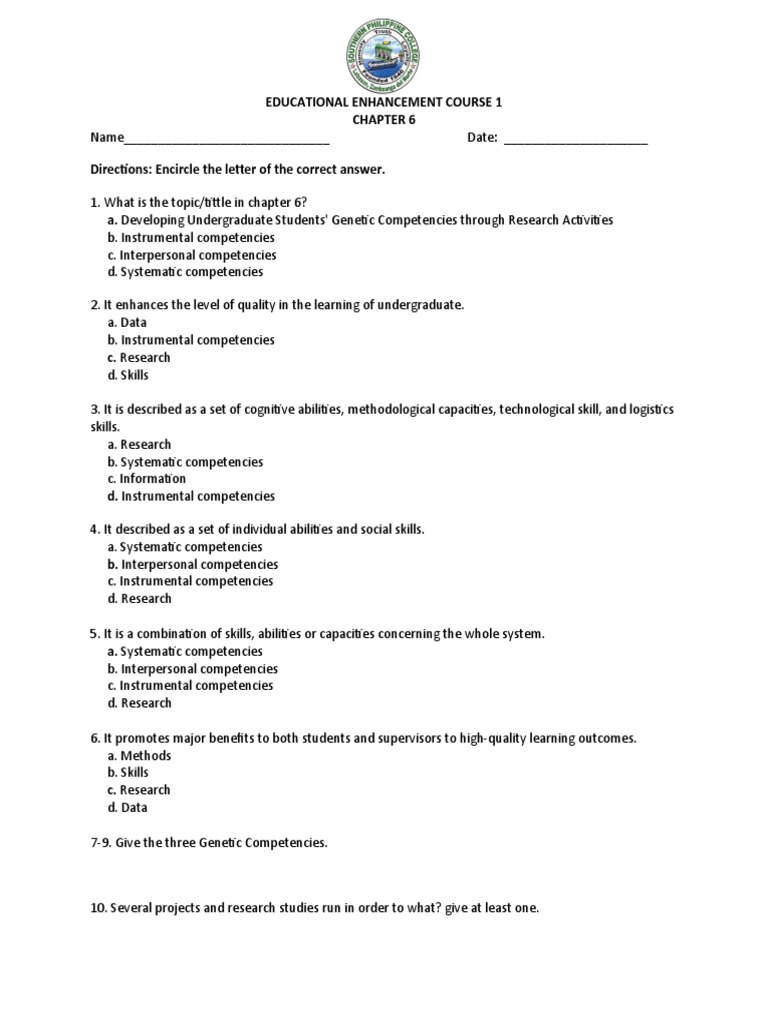 EDUCATIONAL ENHANCEMENT COURSE 1 Test | PDF