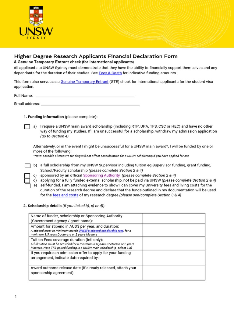 HDR Applicants Financial Declaration Form | PDF | Cost Of Living ...