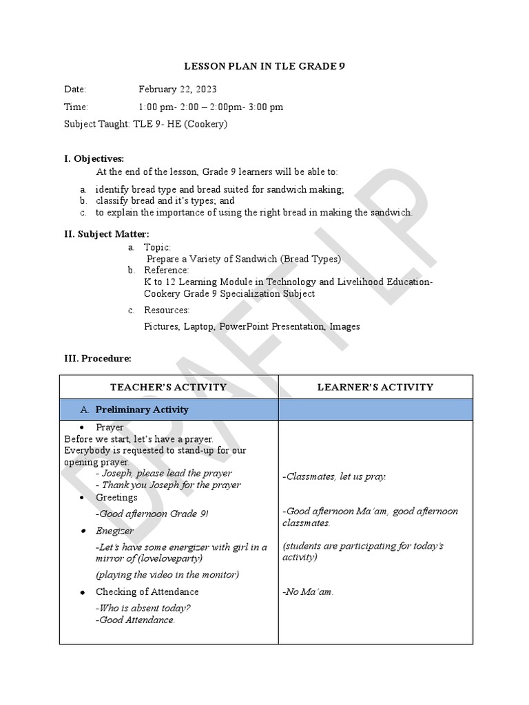 Lesson Plan in Tle Grade 9 | PDF | Breads | Sandwich