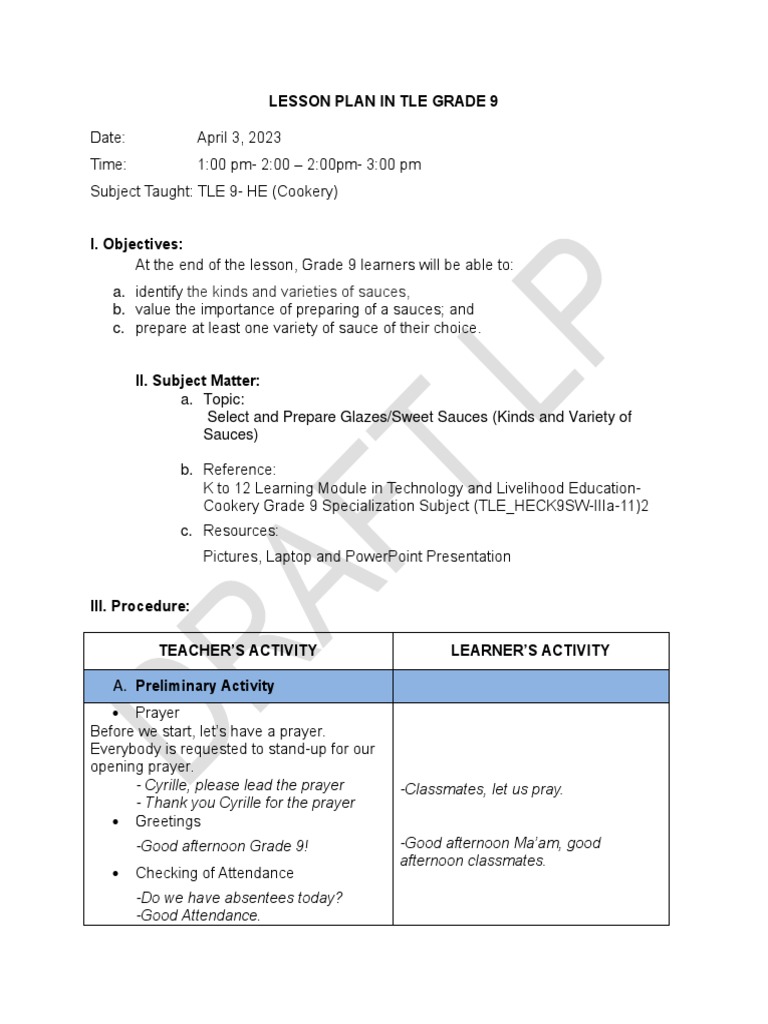 Lesson Plan in Tle Grade 9: The Kinds and Varieties of Sauces | PDF ...