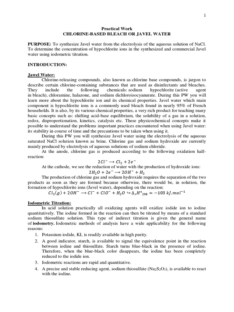 PW1. Javel Water | PDF | Titration | Chemistry