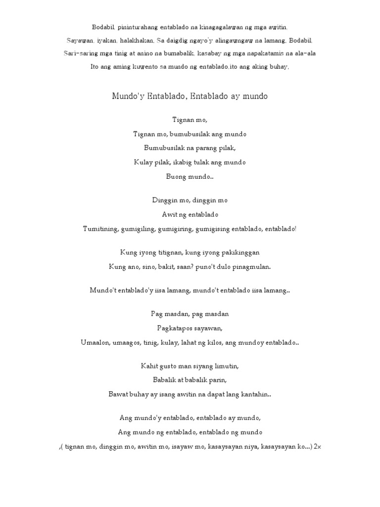 Mundo'y Entablado, Entablado Ay Mundo (With Narration) | PDF