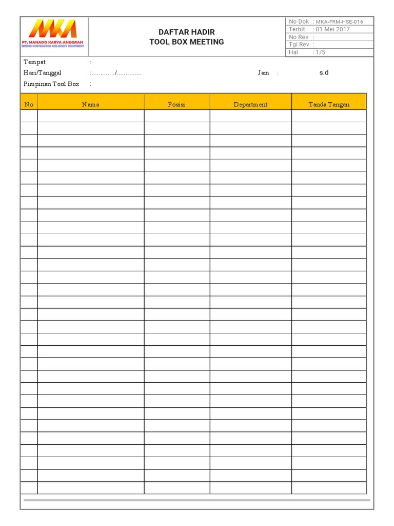 Daftar Hadir Toolbox Meeting | PDF