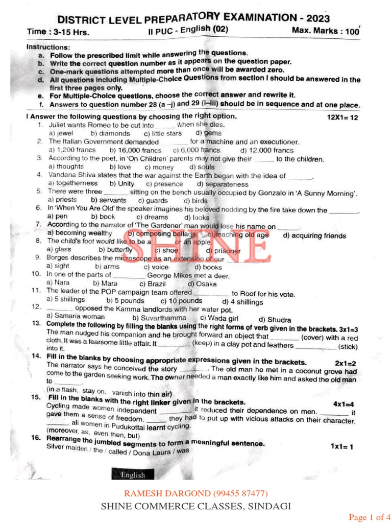 English Mangaluru Preparatory Exam Paper 2023 2nd PUC | PDF