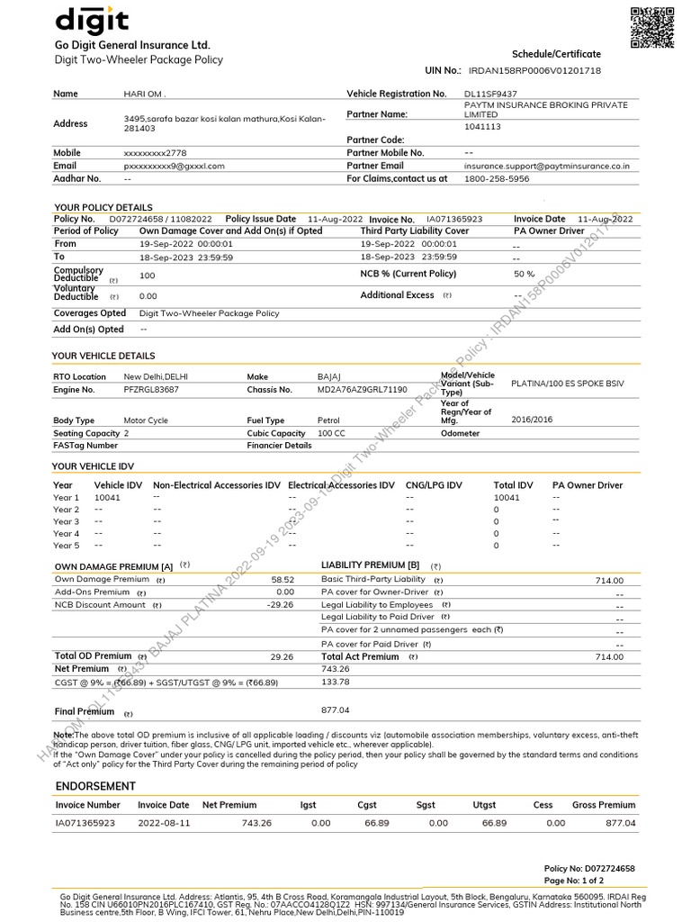 Two-Wheeler Insurance Policy Schedule for Hari Om with Bajaj Platina ...