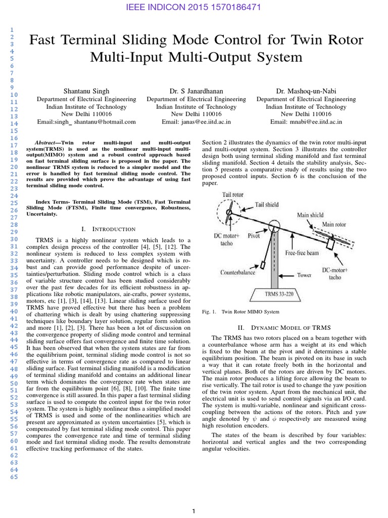 Fast Terminal Sliding Mode Control For Twin Rotor Multi-Input Multi-Output System | Download ...