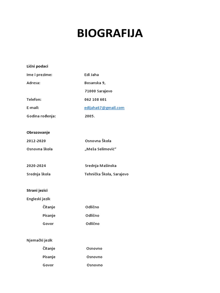 Biografija: Lični Podaci | PDF