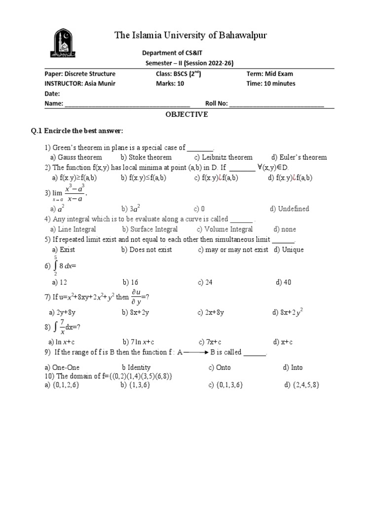 Mid Term Objective Multivariable Calculas (BSCS - 2nd (M) ) | PDF ... Mid Term Objective Multivariable Calculas (BSCS - 2nd (M) ) | PDF ...