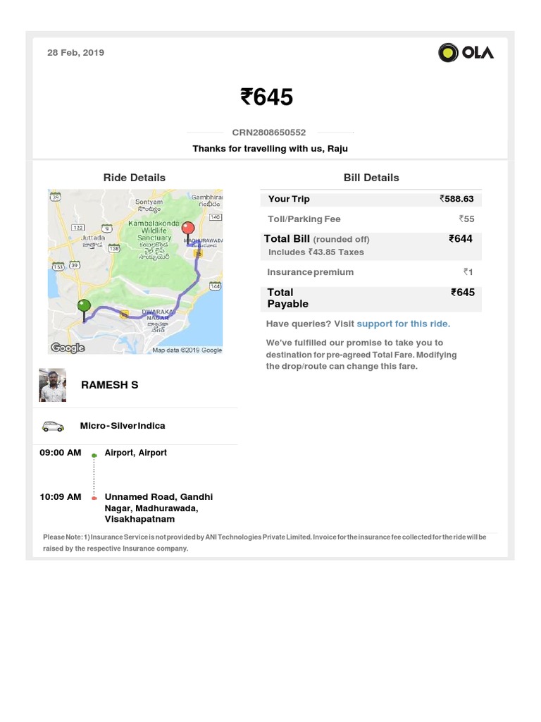 Ola Cab Invoice for Raju's Ride | PDF