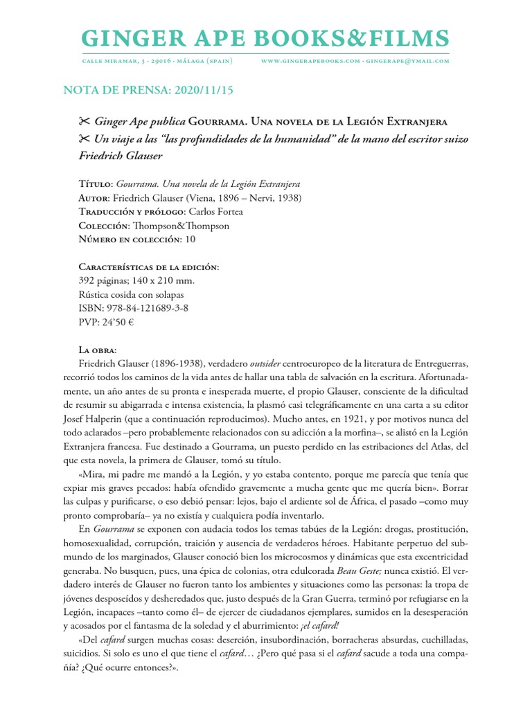 Nota de Prensa Gourrama. Una Novela de La Legión Extranjera de ...