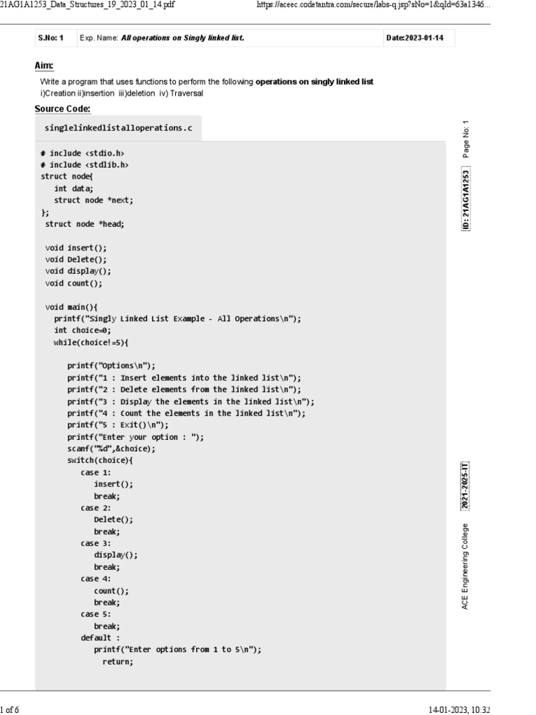 Exp. Name: All Operations On Singly Linked List.: S.No: 1 Date:2023-01-14 | Download Free PDF ...