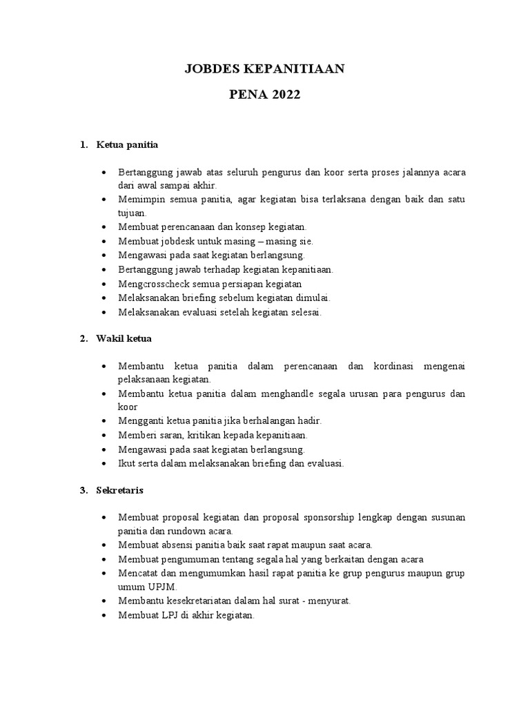 Jobdes Kepanitiaan Pena 2022 | PDF