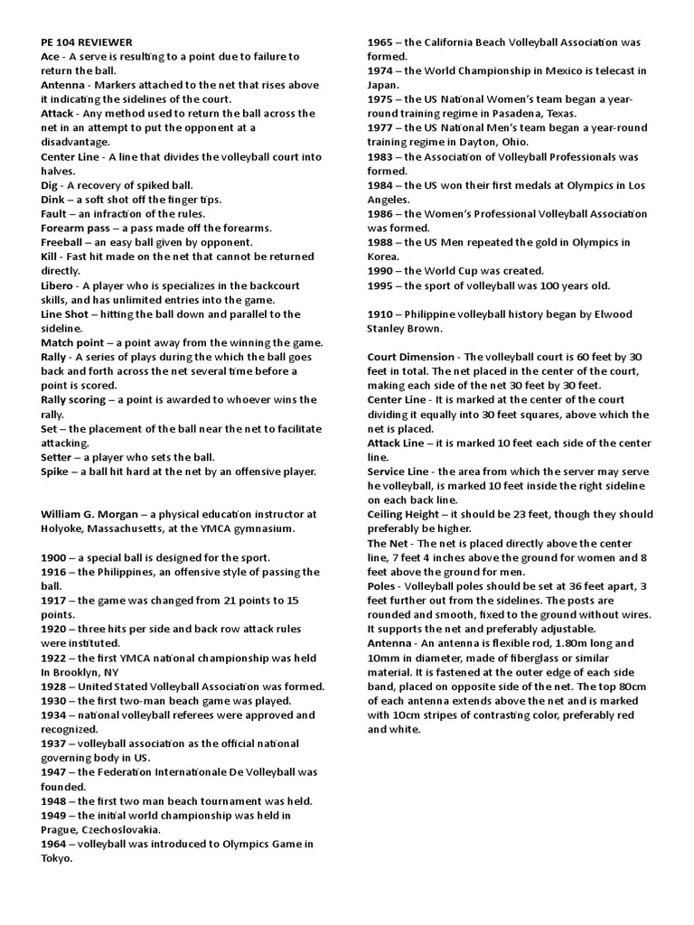 Pe 104 Reviewer | PDF | Volleyball | Ball Games