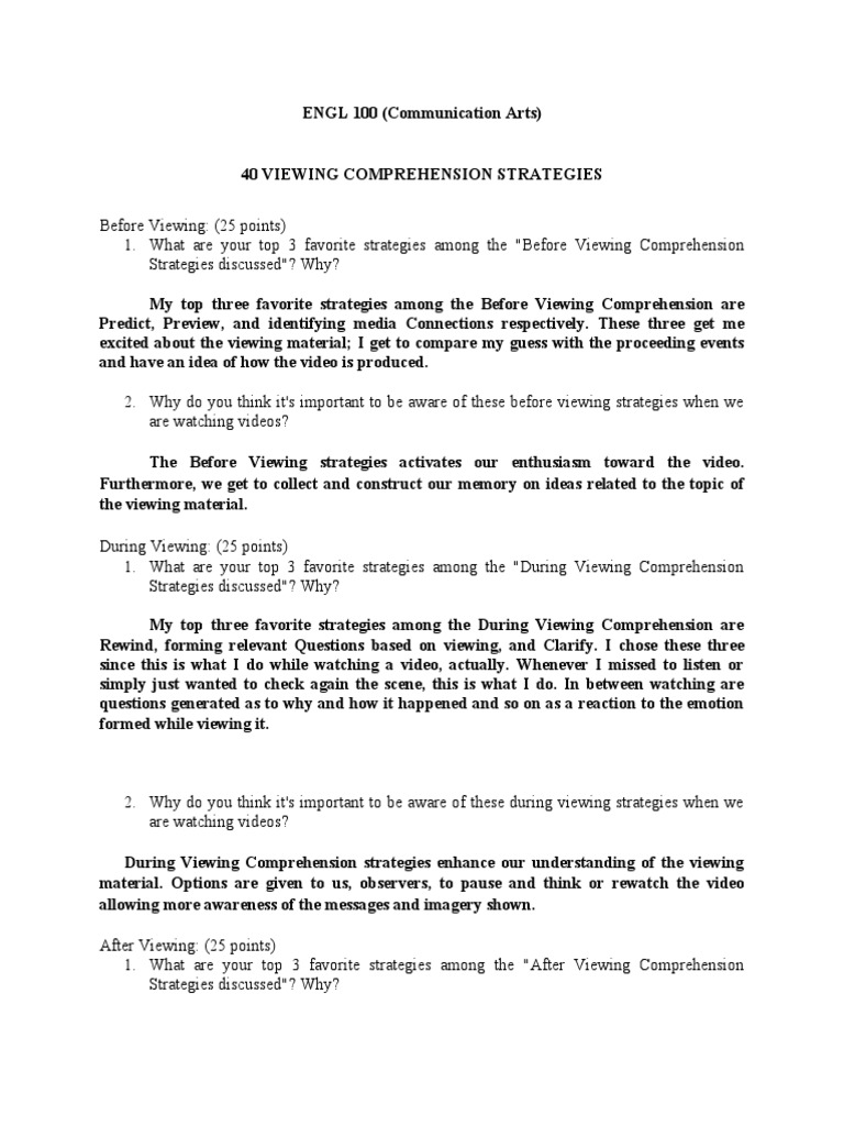 40 Viewing Comprehension Strategies - ENGL 100 | PDF | Understanding ...