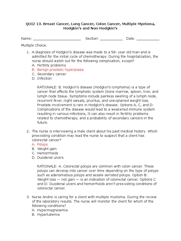 Quiz 13 Medical Surgical Nursing | PDF | Cancer | Colorectal Cancer