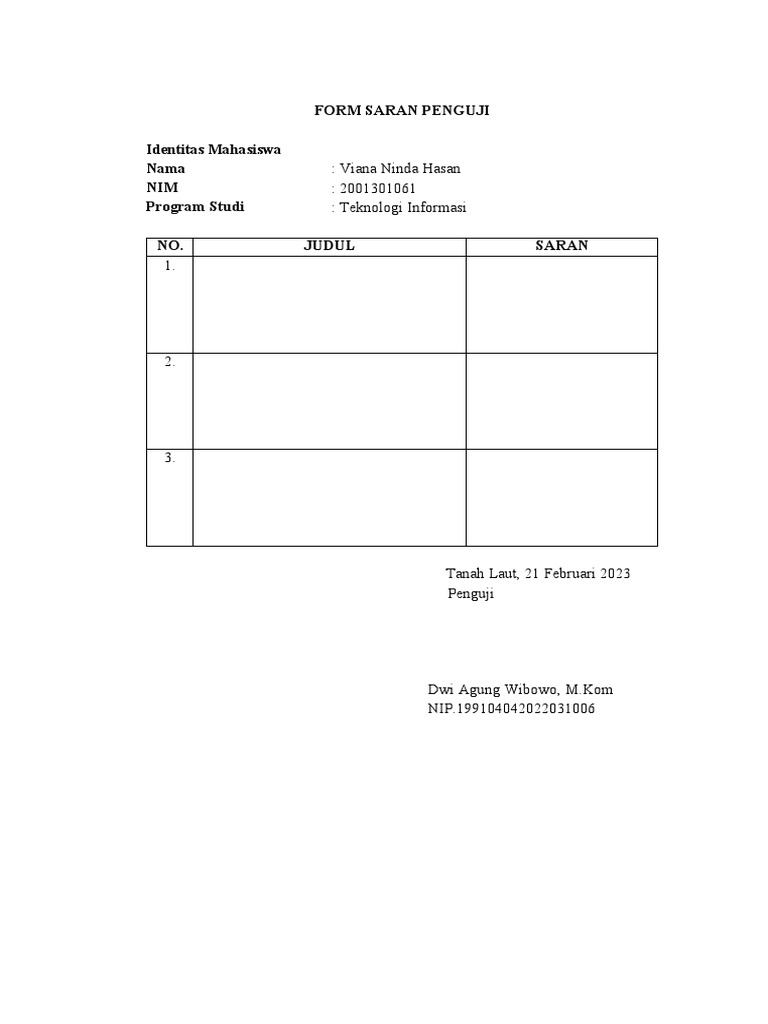 Proposal - Form Saran Penguji-Pembimbing | PDF
