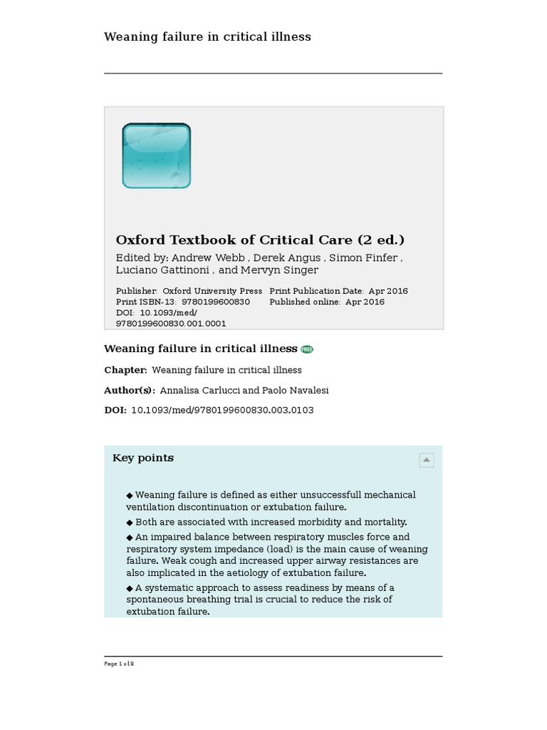 Weaning Failure in Critical Illness | PDF | Intensive Care Medicine ...