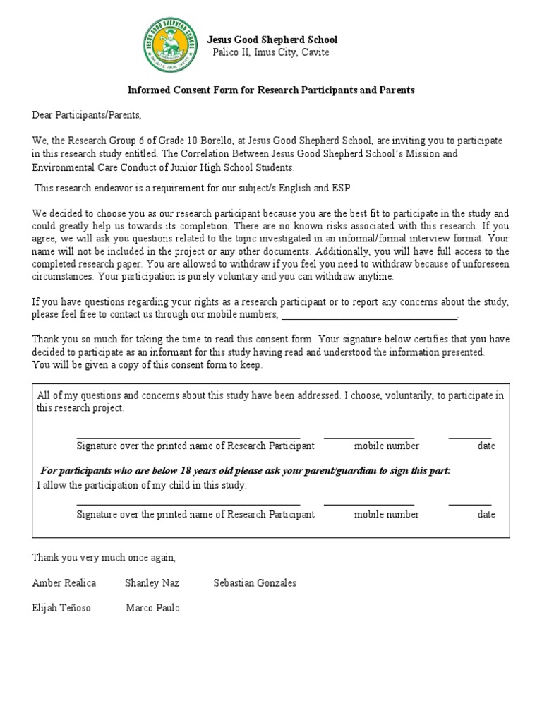 Jesus Good Shepherd School Research Consent | PDF | Informed Consent