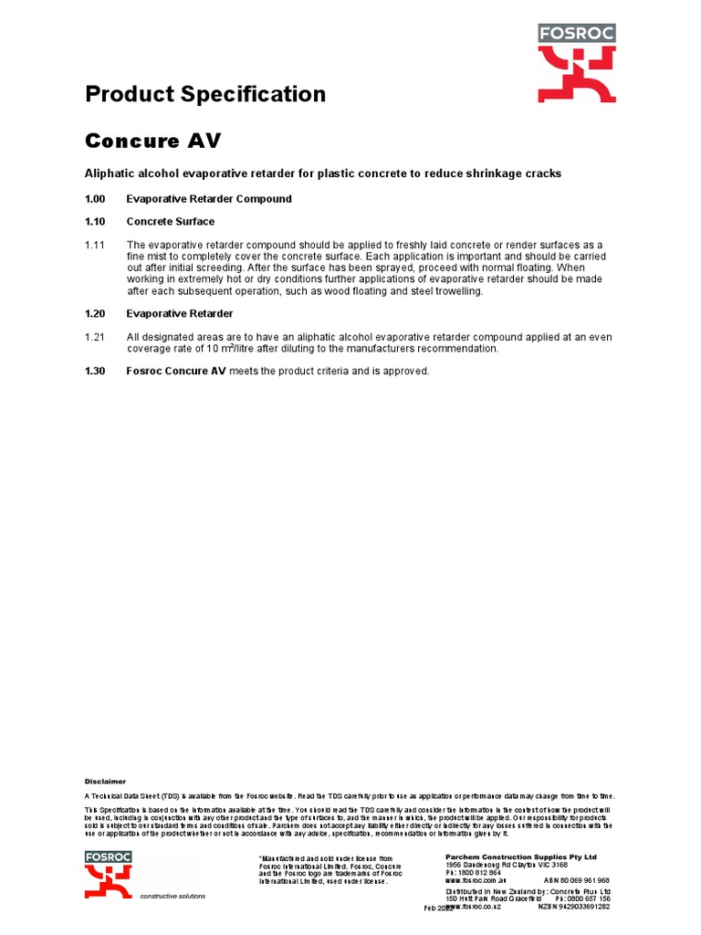 Fosroc Concure AV Spec | Download Free PDF | Concrete | Materials