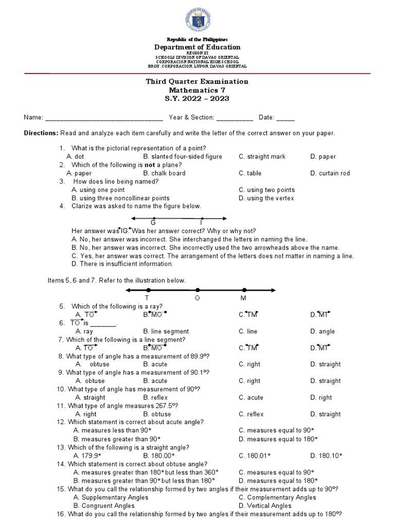 Math Exam for Grade 7 Students | PDF | Perpendicular | Angle