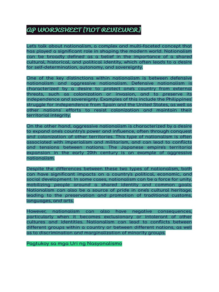 Ap Worksheet (Not Reviewer) | PDF | Nationalism | Arab–Israeli Conflict