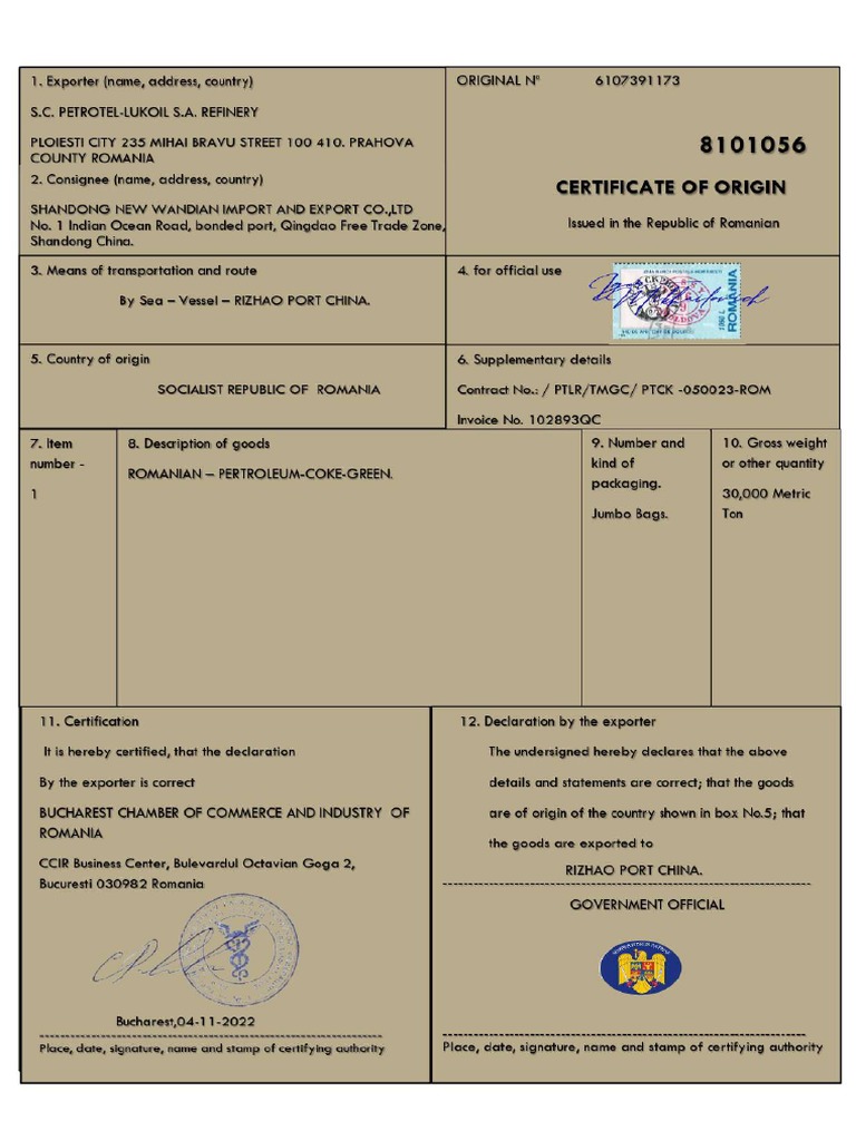 Certificate of Origin Romania S.C. Petrotel-Lukoil | PDF