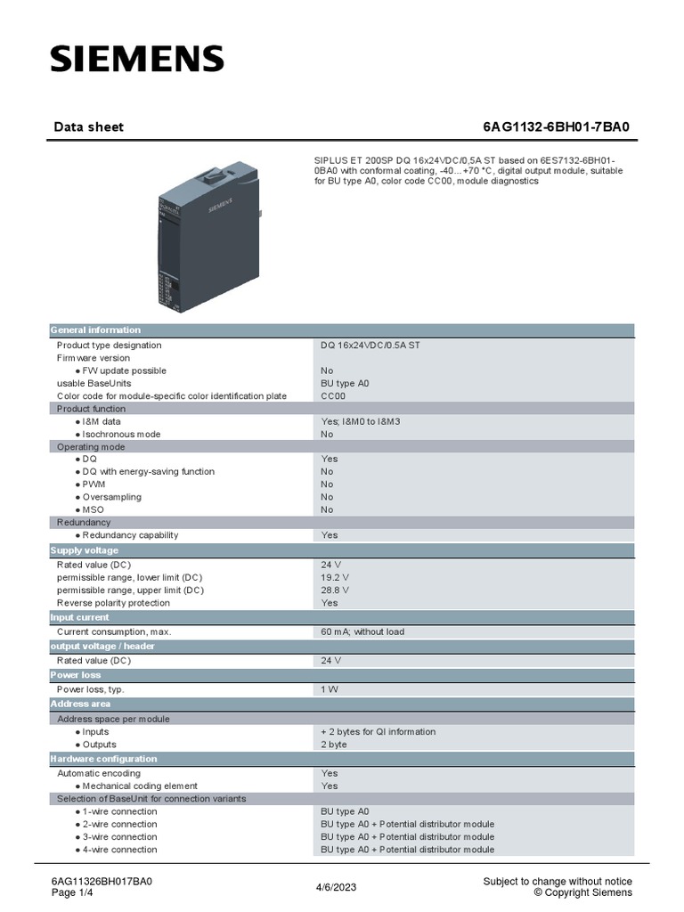 6AG11326BH017BA0 Datasheet en | PDF | Manufactured Goods | Electronics