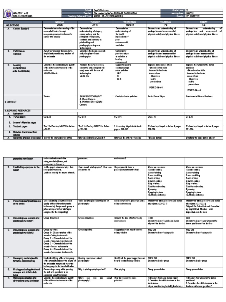 DLL - Mapeh 6 - Q3 - W5 | PDF | Physical Education