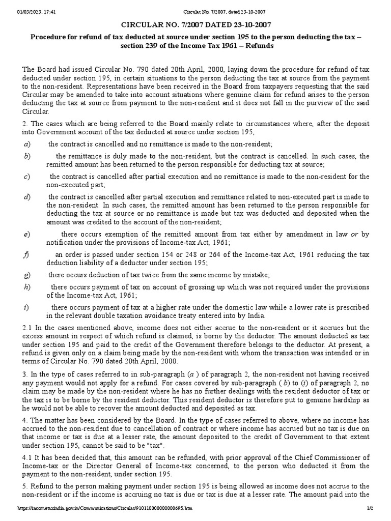 Circular No. 7 - 2007, Dated 23-10-2007 | PDF | Income Tax | Tax Refund