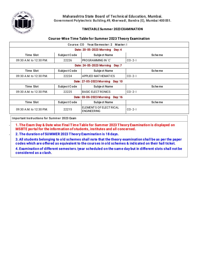 MSBTETE SUMMER 2023 EXAM TIMETABLE | PDF