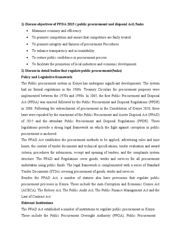 1) Discuss Objectives of PPDA 2015 (Public Procurement and Disposal Act ...