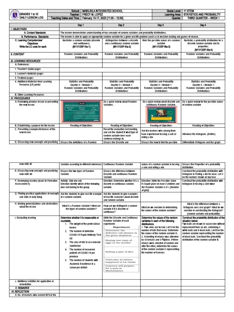 I. Objectives | PDF | Probability Distribution | Random Variable