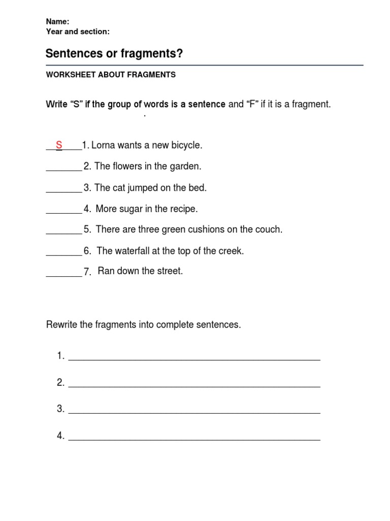 Fragments Worksheet | PDF
