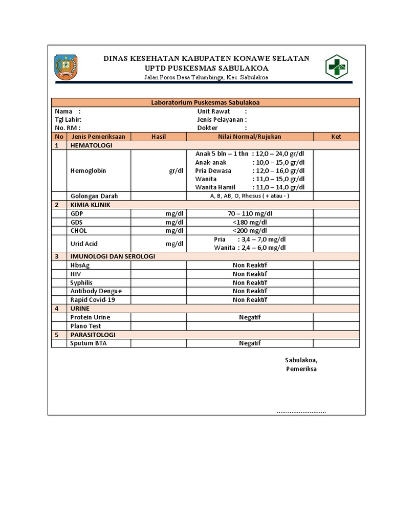 1.form Hasil Pemeriksaan Lab | PDF