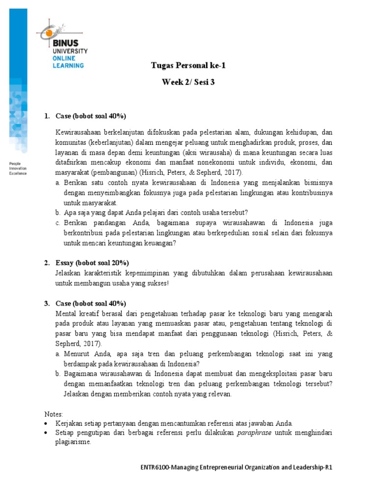 Tugas Personal Ke-1 Week 2/ Sesi 3: 1. Case (Bobot Soal 40%) | PDF