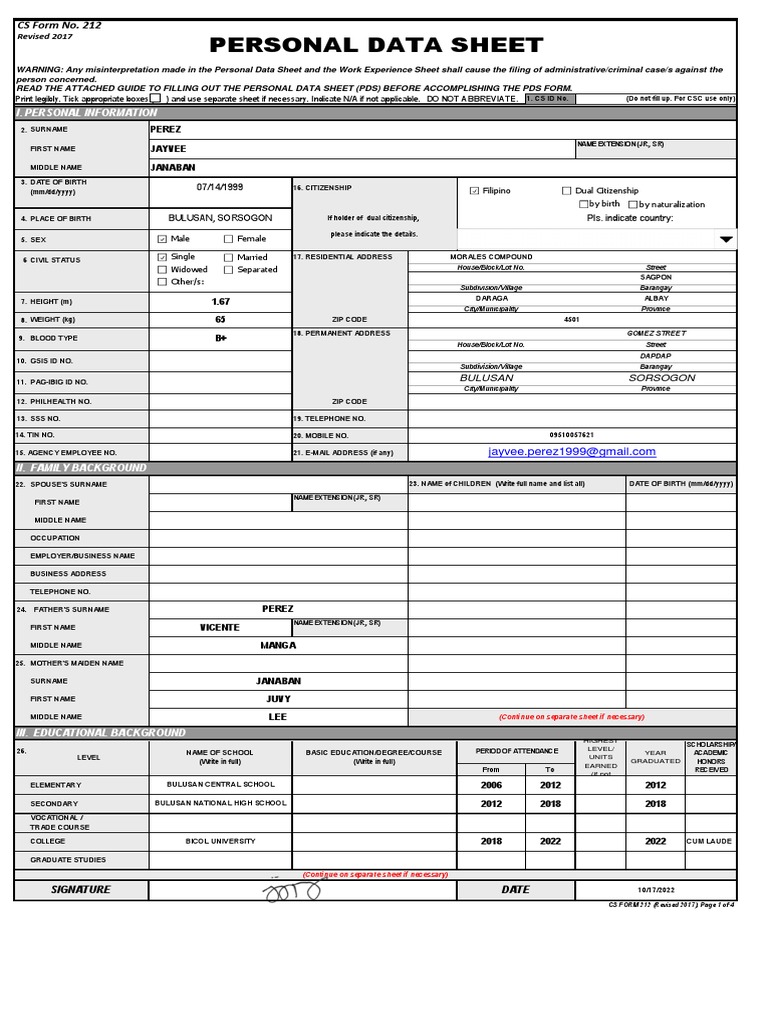 Personal Data Sheet Template | PDF