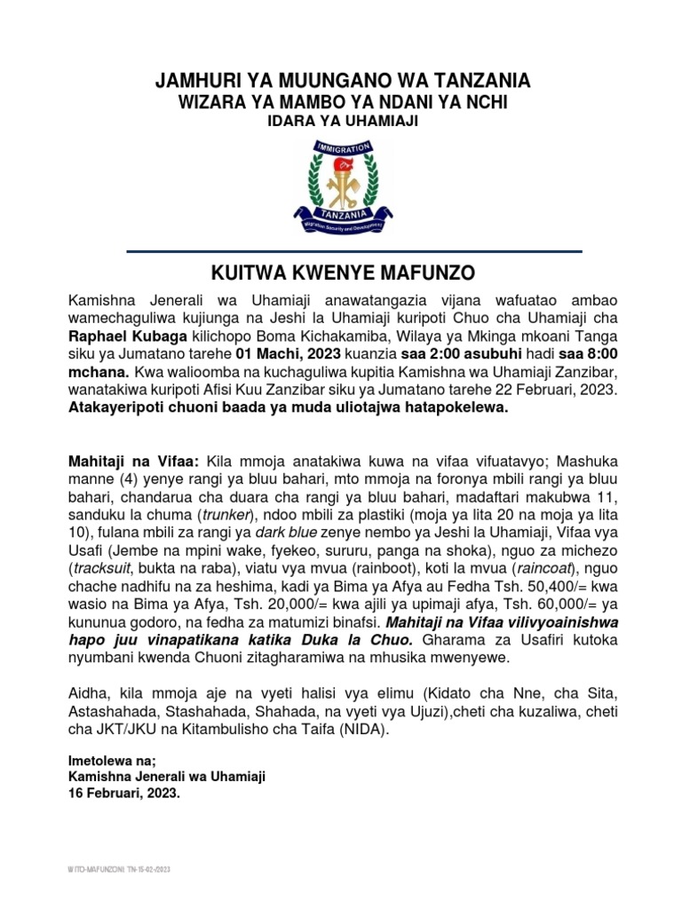Kuitwa Kwenye Mafunzo Feb 2023 | PDF