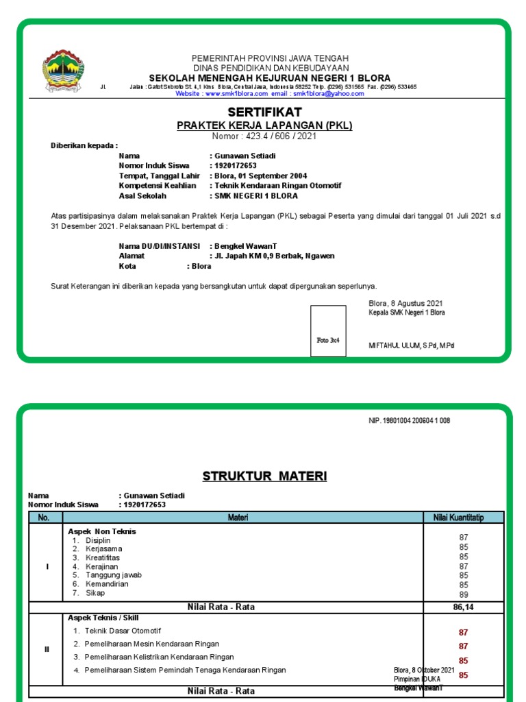 Sertifikat: Praktek Kerja Lapangan (P KL) | PDF