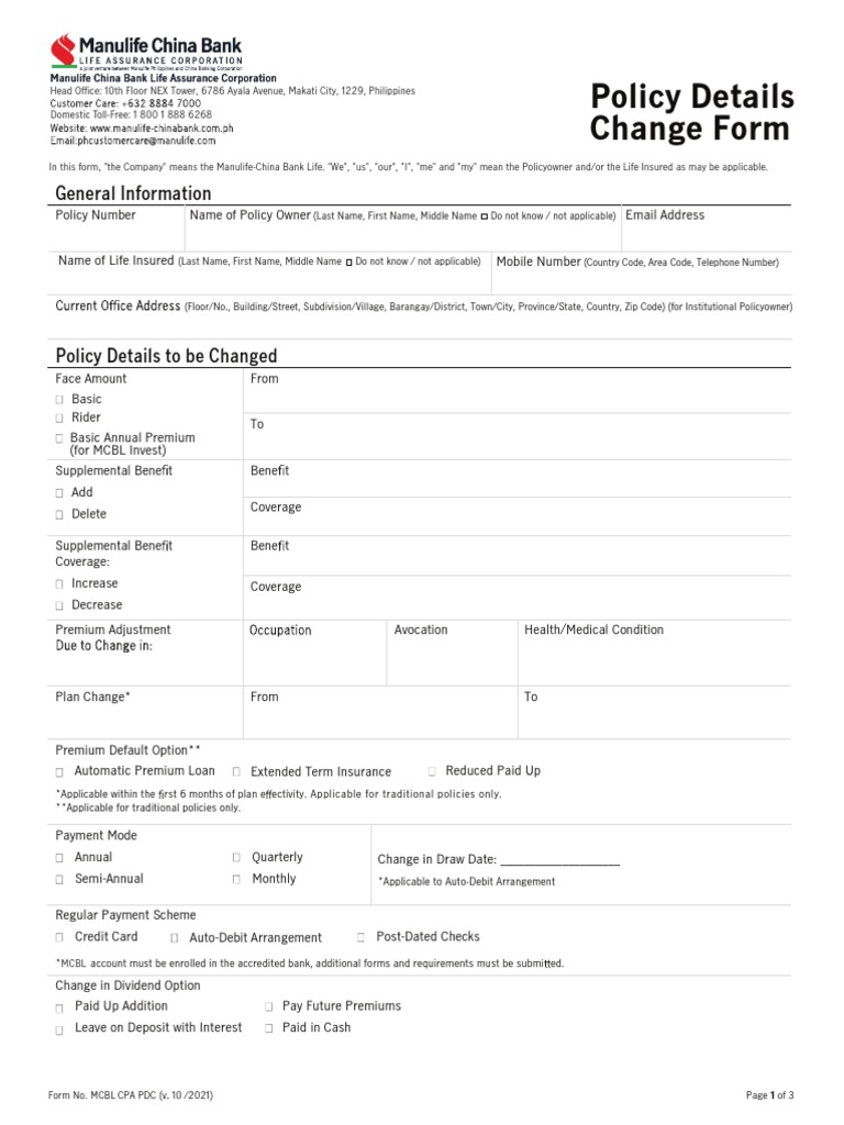 MCBL Policy Details Change Form | PDF | Insurance | Life Insurance