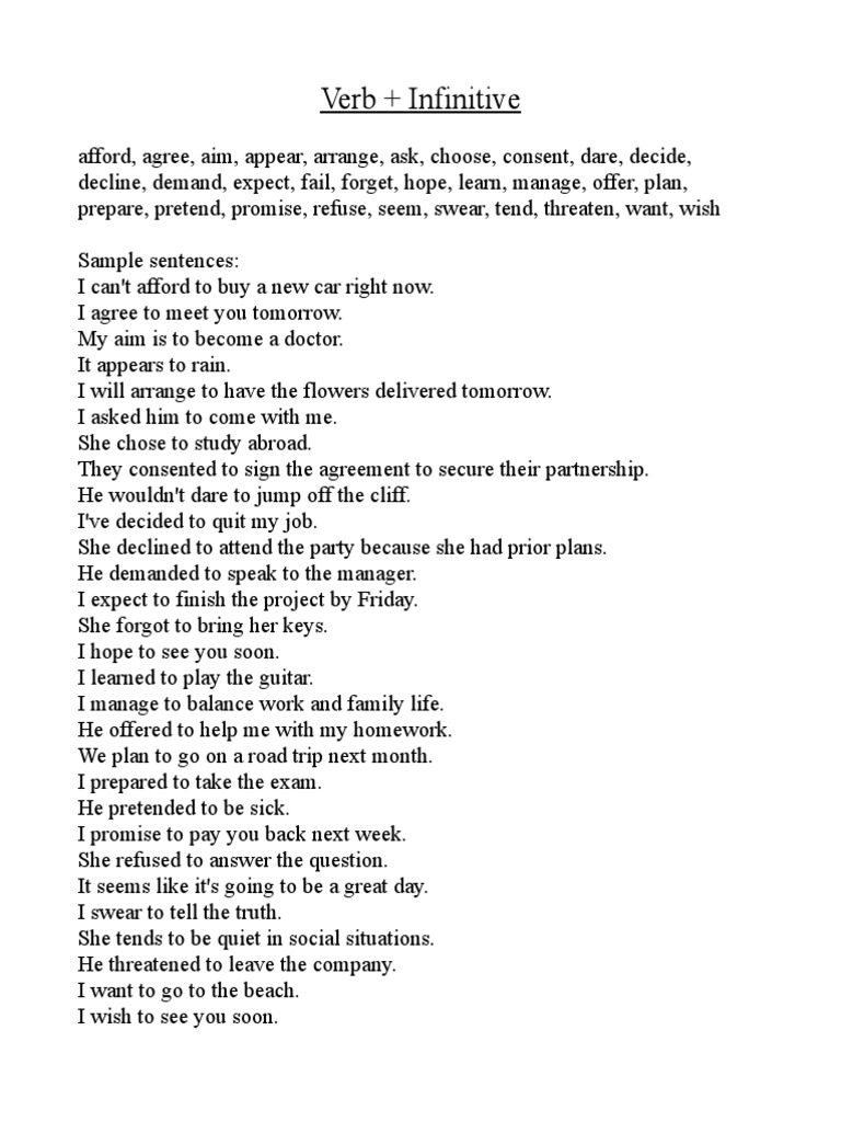 List of Verbs+ing-Infinitive | PDF