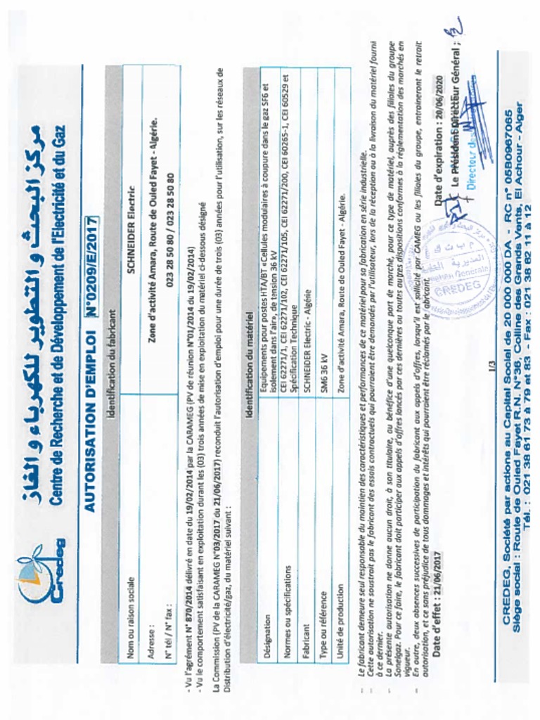 Homologation Sm6 30kv 2017 - Sonalgaz | PDF