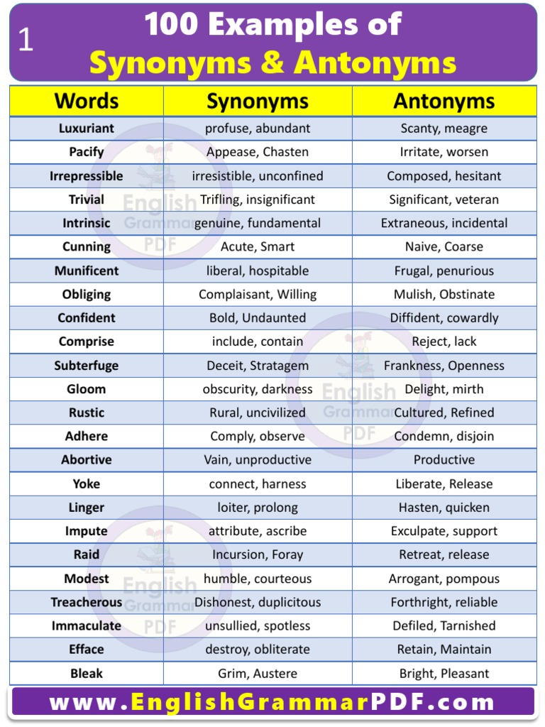 100 Examples of Synonyms and Antonyms Vocabulary | PDF