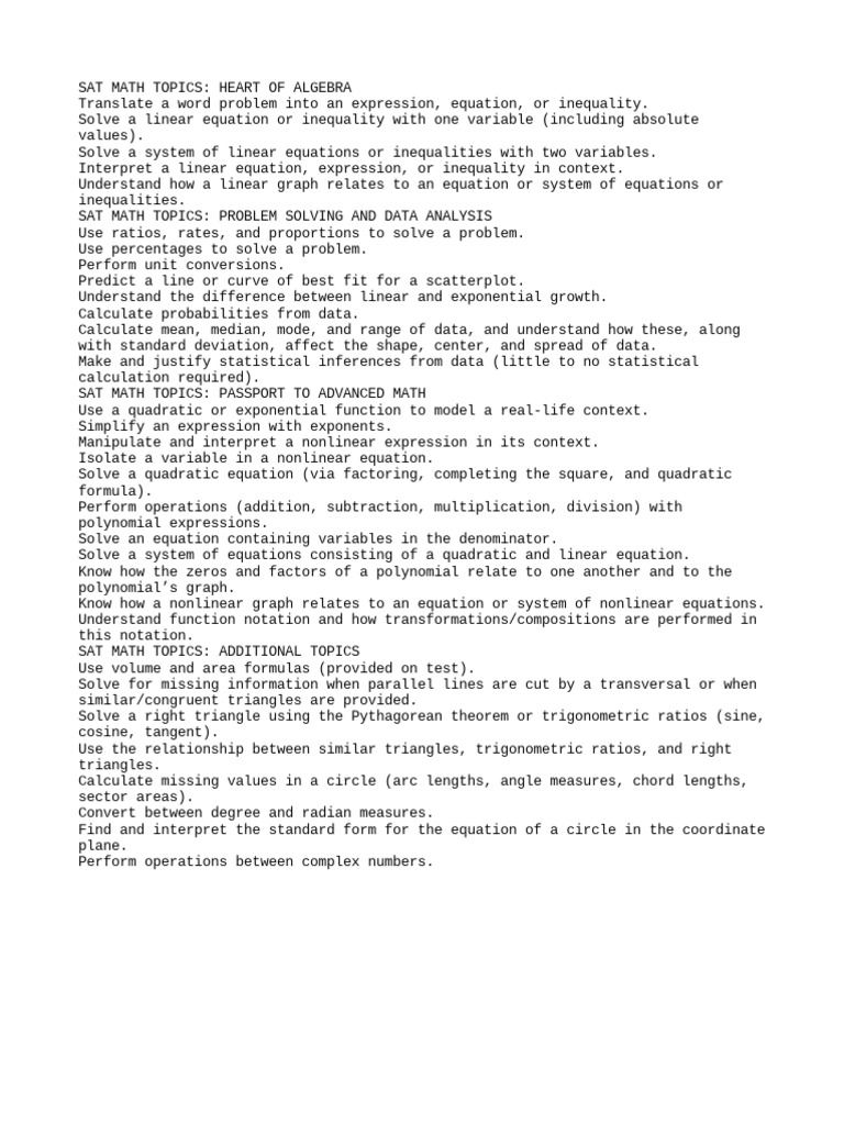 Digital Sat Topics List | PDF | Equations | Trigonometric Functions