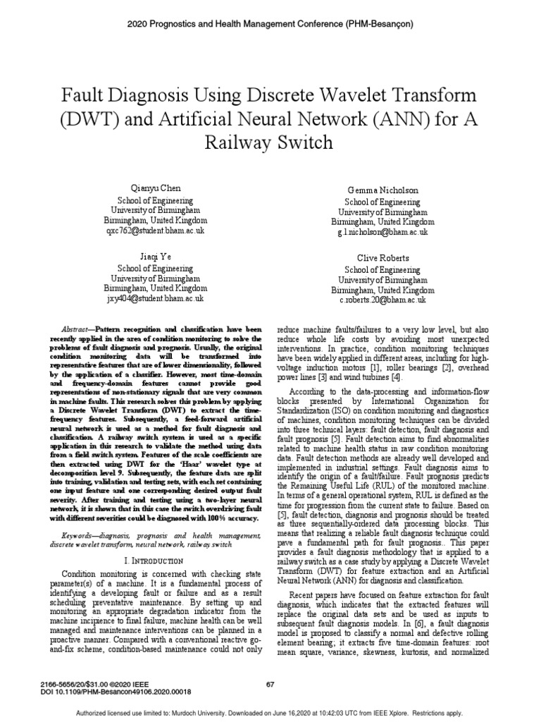 Fault Diagnosis Using Discrete Wavelet Transform Dwtand Artificial Neural Network Annfor