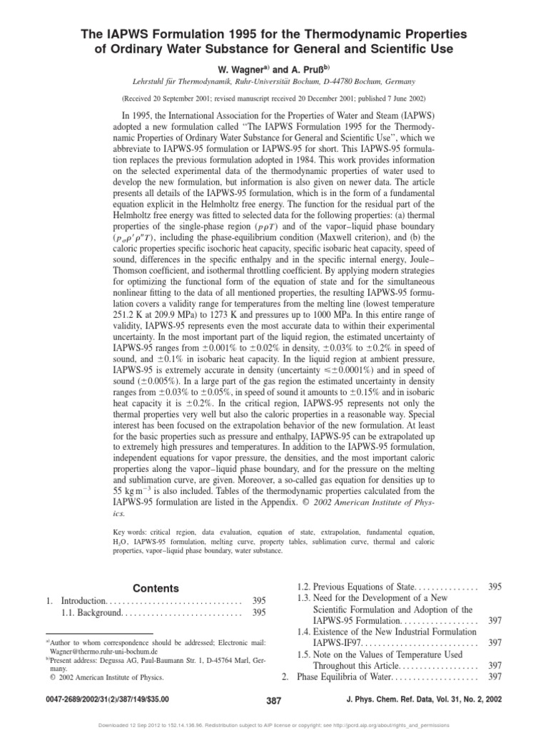 Wagner 1999 Artice About IAPWS-95 | PDF | Enthalpy | Heat Capacity